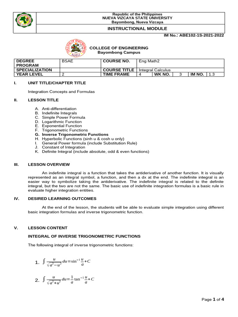 Integral Calculus Module Overview | PDF | Integral | Trigonometric Functions