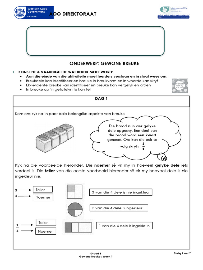 Graad 5 Gewone Breuke Week 1 2021 | PDF