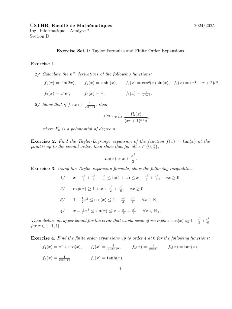 Worksheet N°1 Taylor's Formula & FOEs | PDF | Elementary Mathematics ...