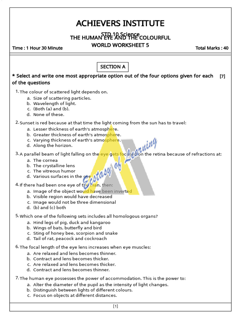The Human Eye and The Colourful World Worksheet 5 | PDF | Eye | Human Eye