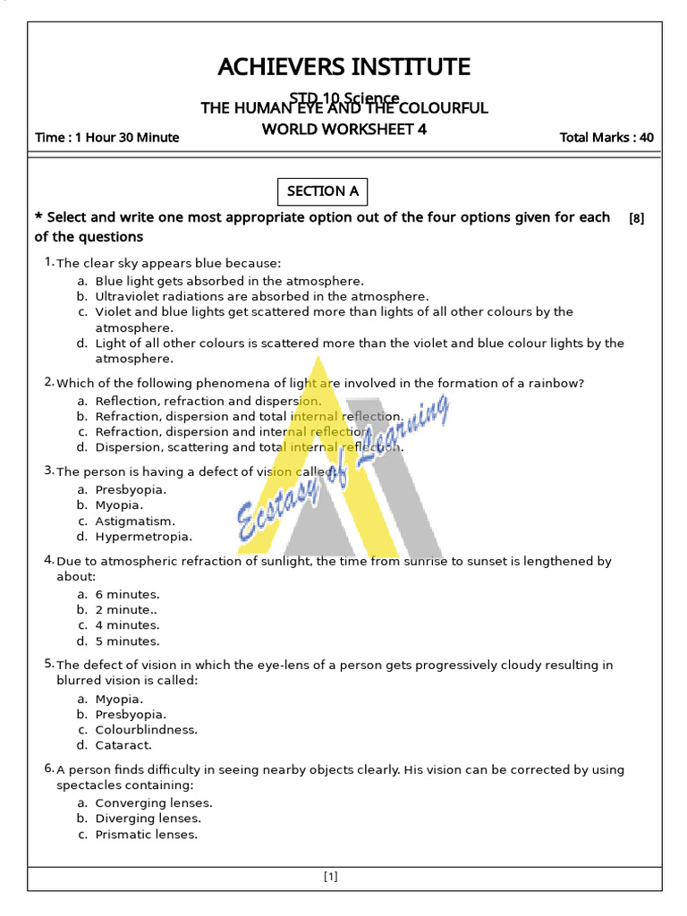 THE HUMAN EYE AND THE COLOURFUL WORLD WORKSHEET 4 | PDF | Myopia ...