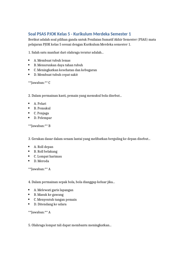 Soal_PSAS_PJOK_Kelas_5_Semester_1 | PDF
