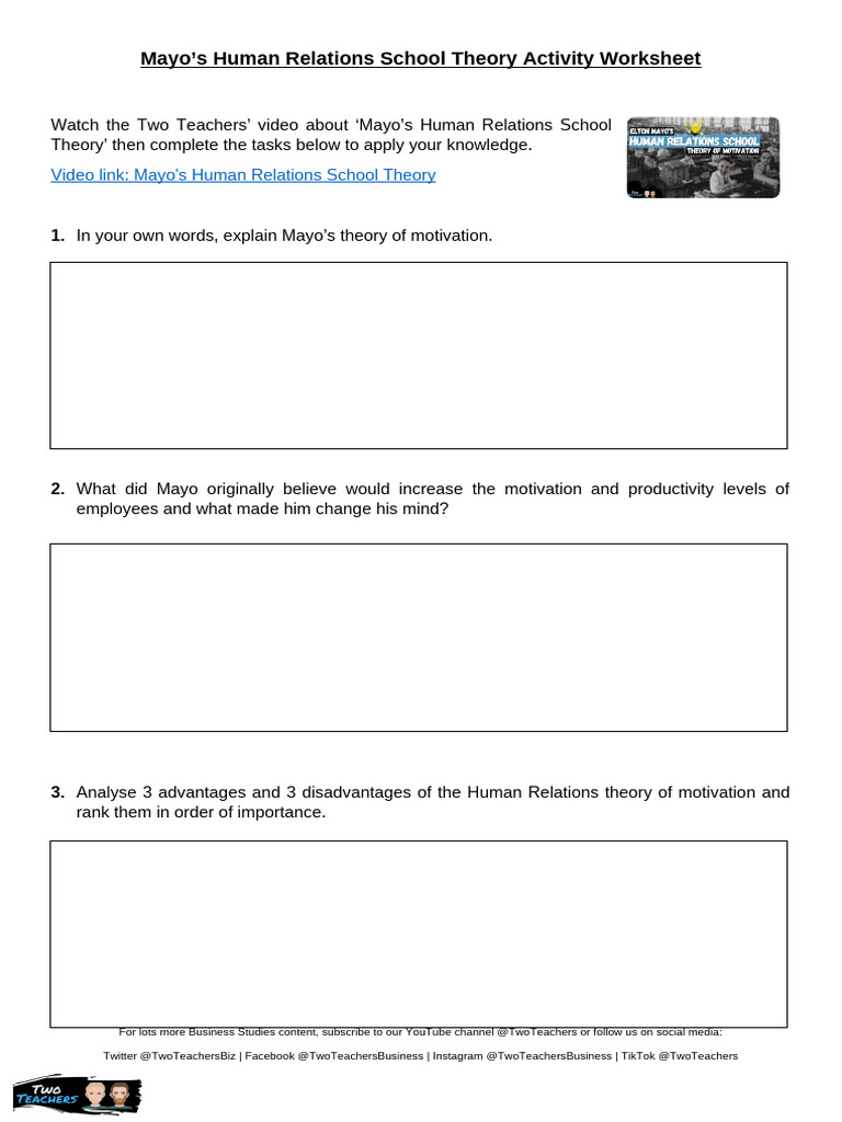 Mayo's Human Relations School Activity Worksheet | PDF