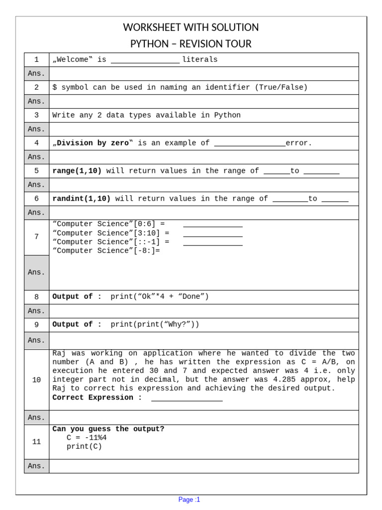 Revision Tour Worksheet (1) (1) | PDF | Python (Programming Language) | Data Type