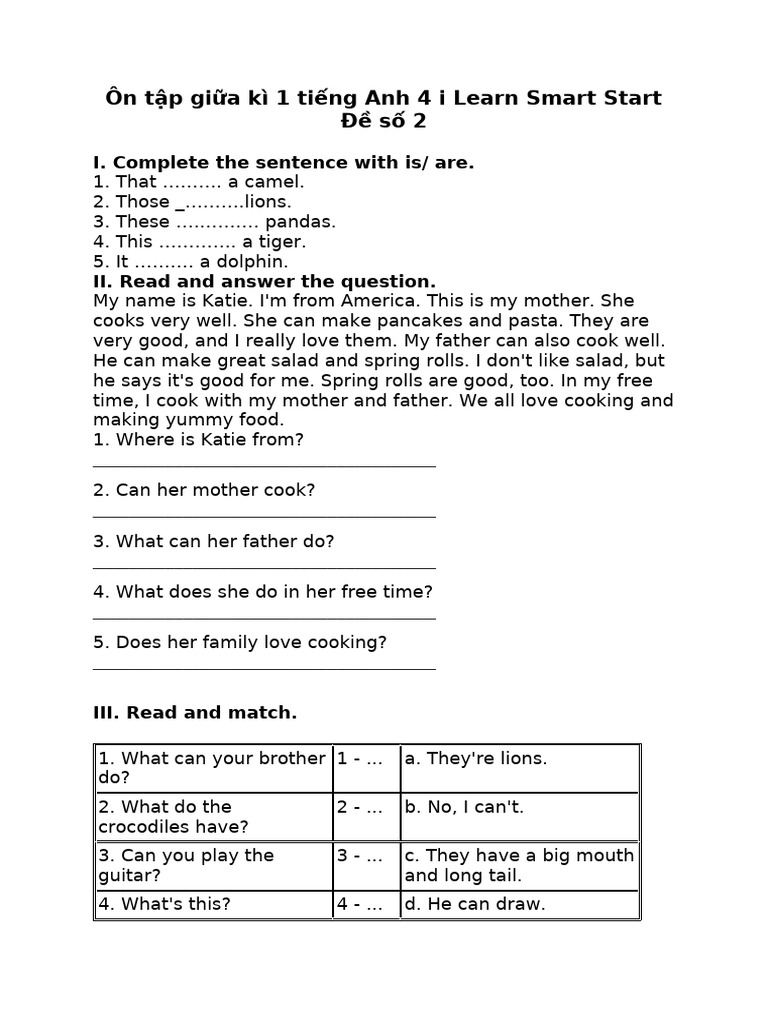 ôn tập giữa kỳ 1-đề số 2-SMART START 4 | PDF