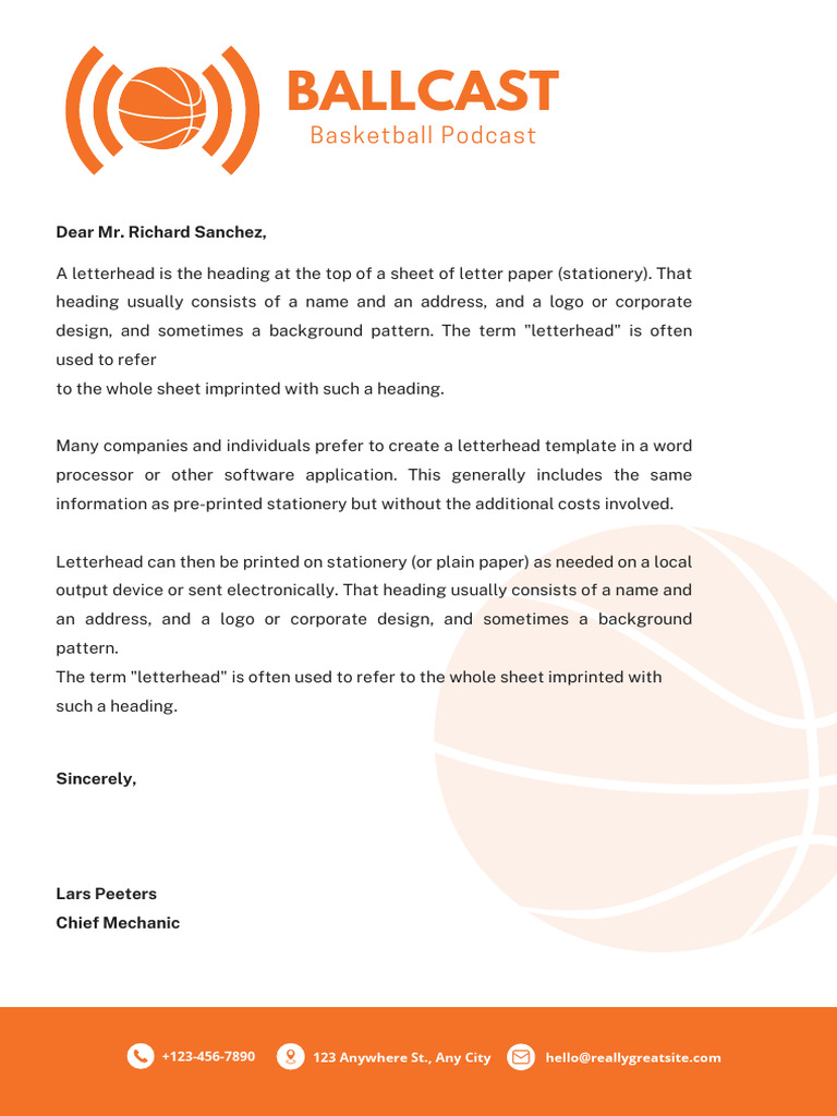 Orange Simple and Modern Basketball Podcast Letterhead | PDF