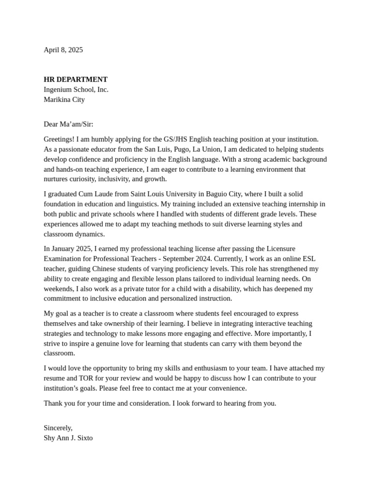 Application Letter - Ingenium School | PDF