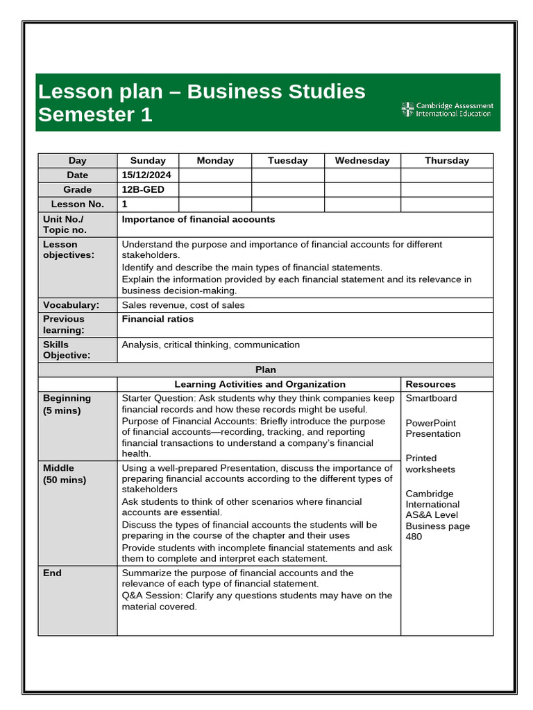 Business Studies Lesson Plans for Grade 12 | PDF | Income Statement ...