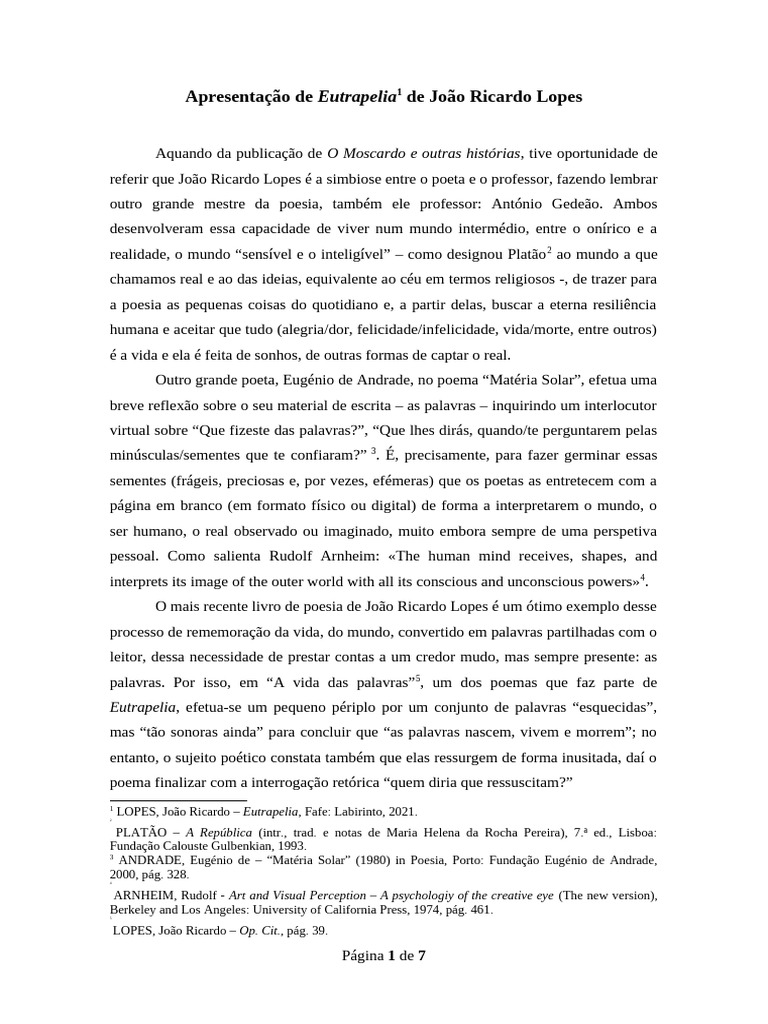 Eutrapelia: Poesia e Memória de João Lopes | PDF | Poesia