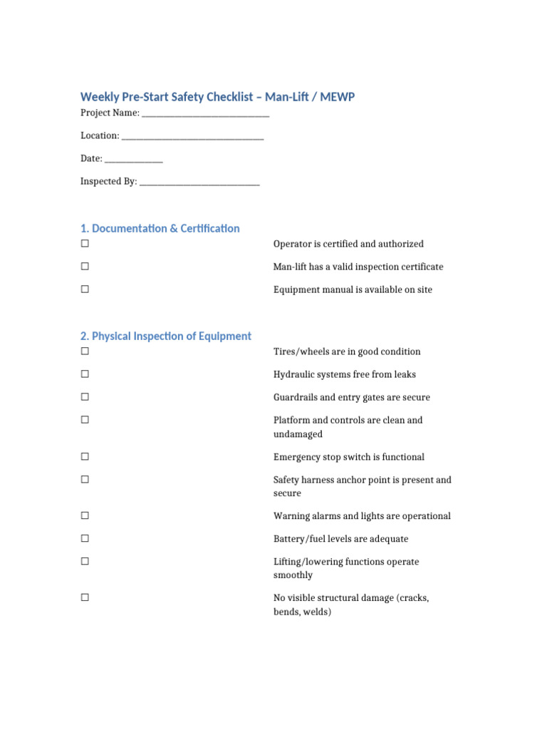 Weekly Man Lift Pre-Start Checklist | PDF | Occupational Safety And ...
