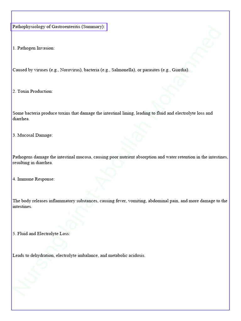 Gastroenteritis Summary | PDF | Diarrhea | Dehydration