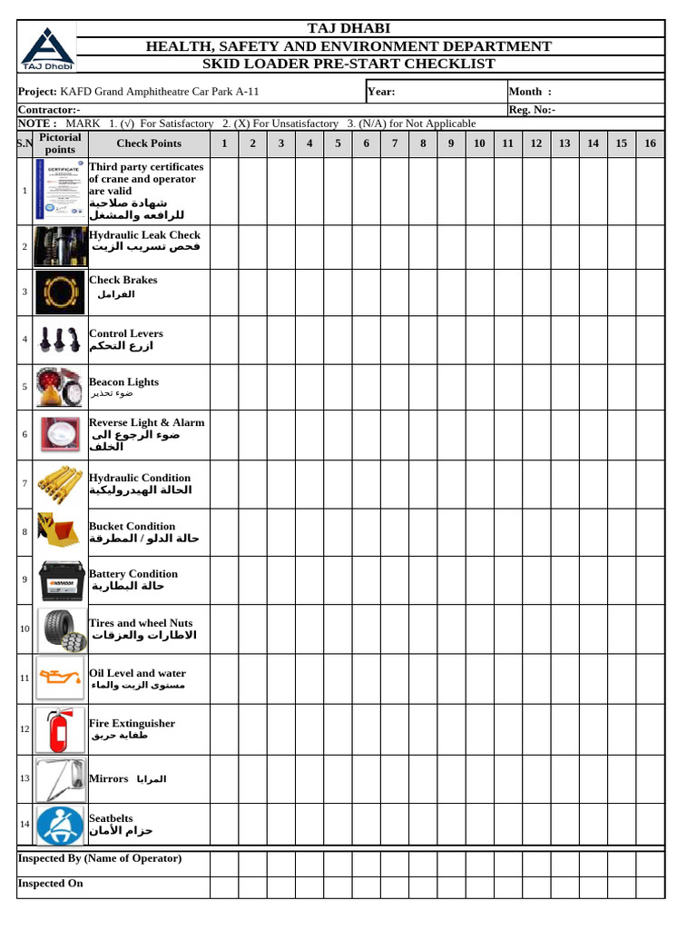 Skid Loader Pre-Start Checklist 1st 15-Days | PDF