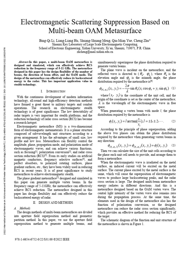 Electromagnetic Scattering Suppression Based On Multi-Beam OAM Metasurface | PDF | Metamaterial ...