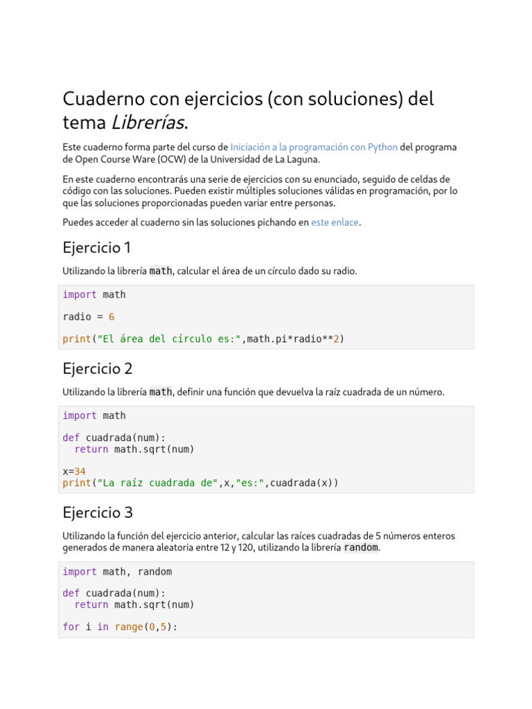 Ejercicios (Con Soluciones) - Librerías. Iniciación A La Programación Con Python. OCW ULL 2023 ...