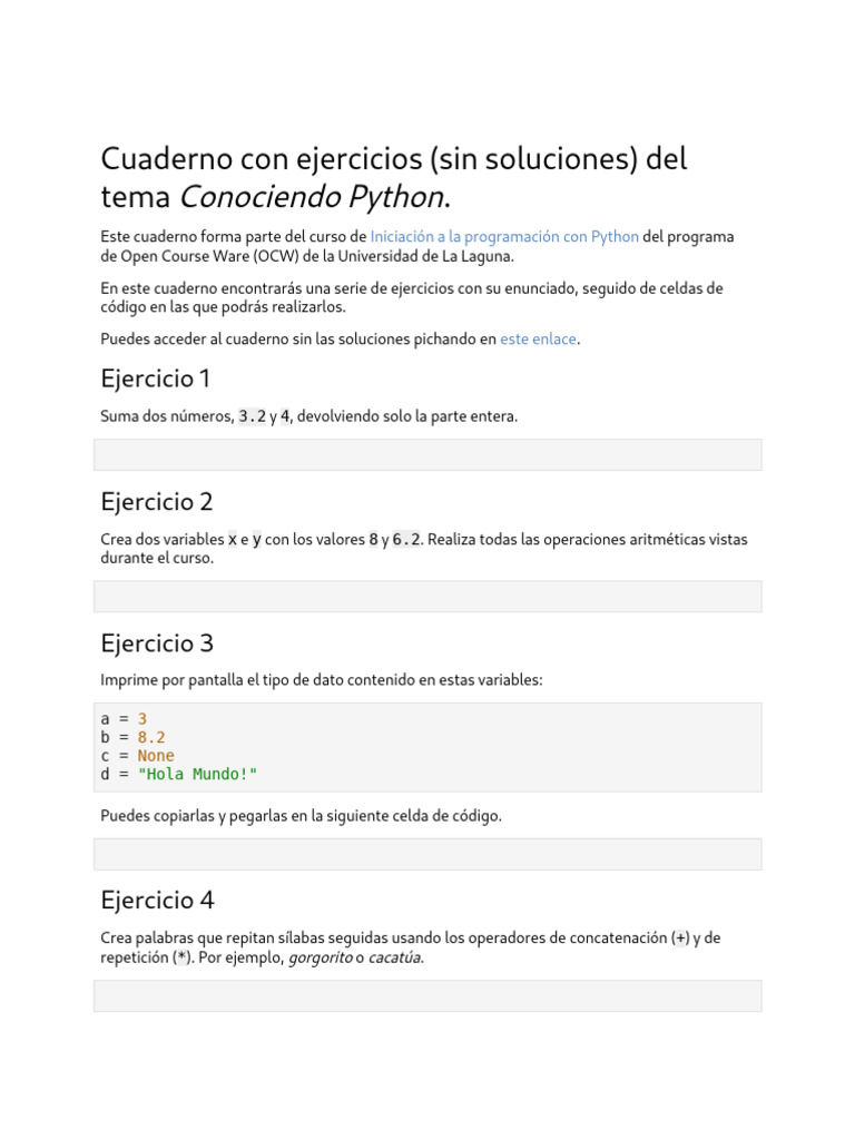 Ejercicios (Sin Soluciones). Conociendo Python. Iniciación a La ...