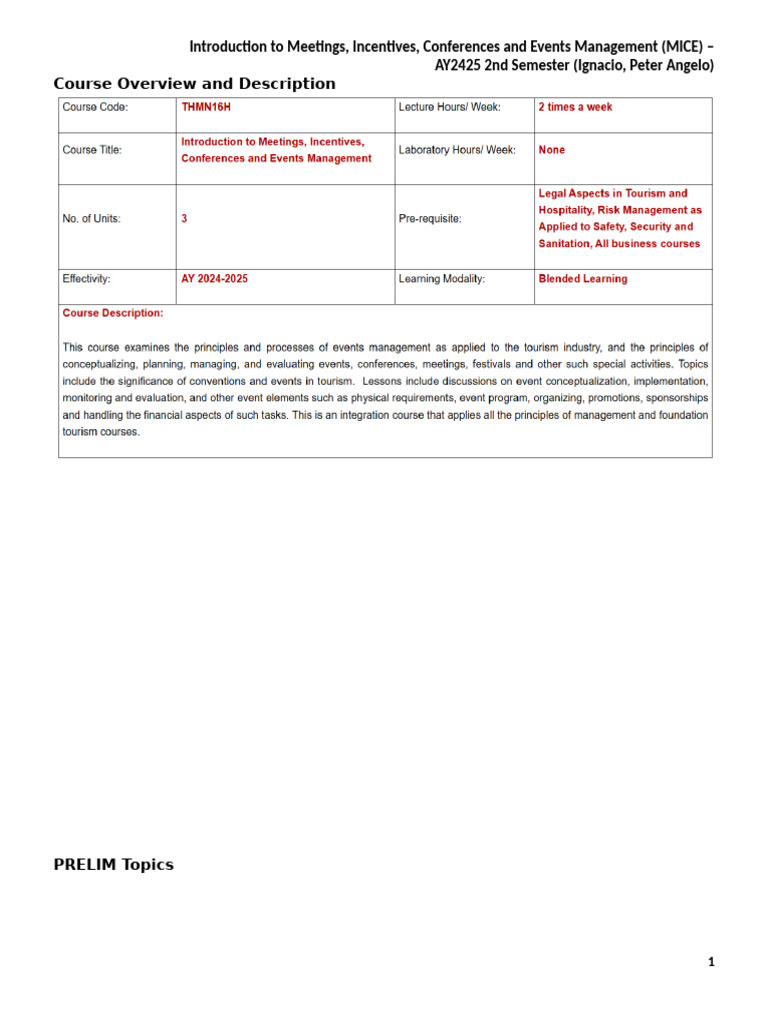 MICE Management Course Overview AY2425 | PDF | Tourism | Stakeholder ...