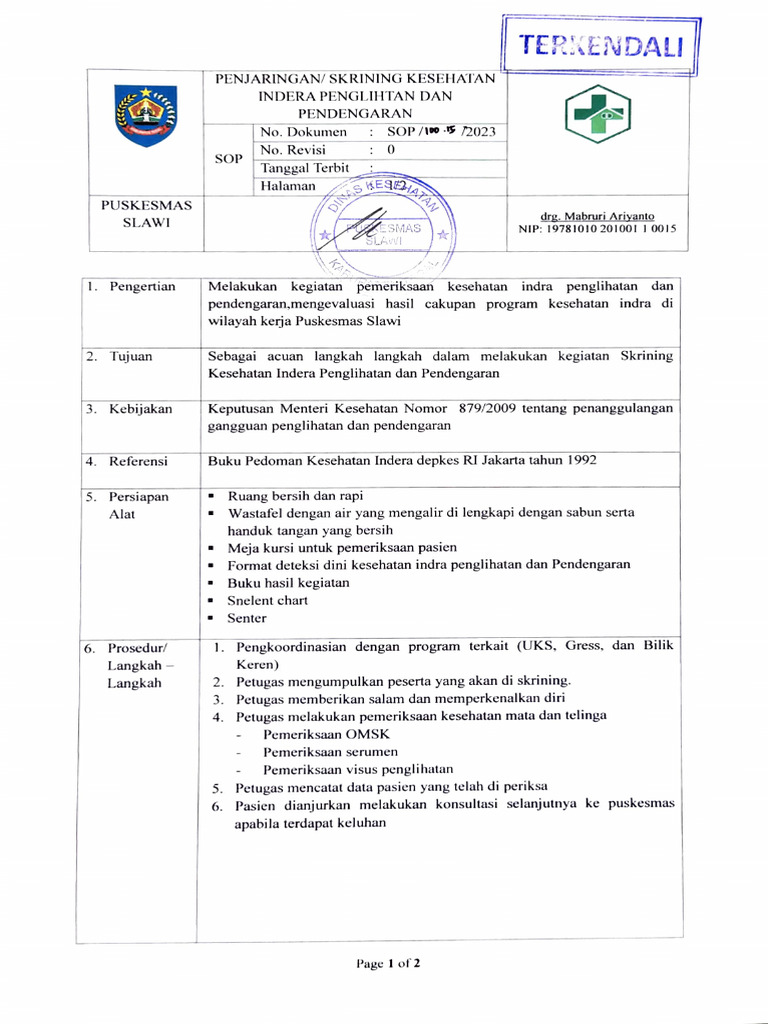 SOP Penjaringan Kesehatan Indera Pendengaran dan Penglihatan | PDF