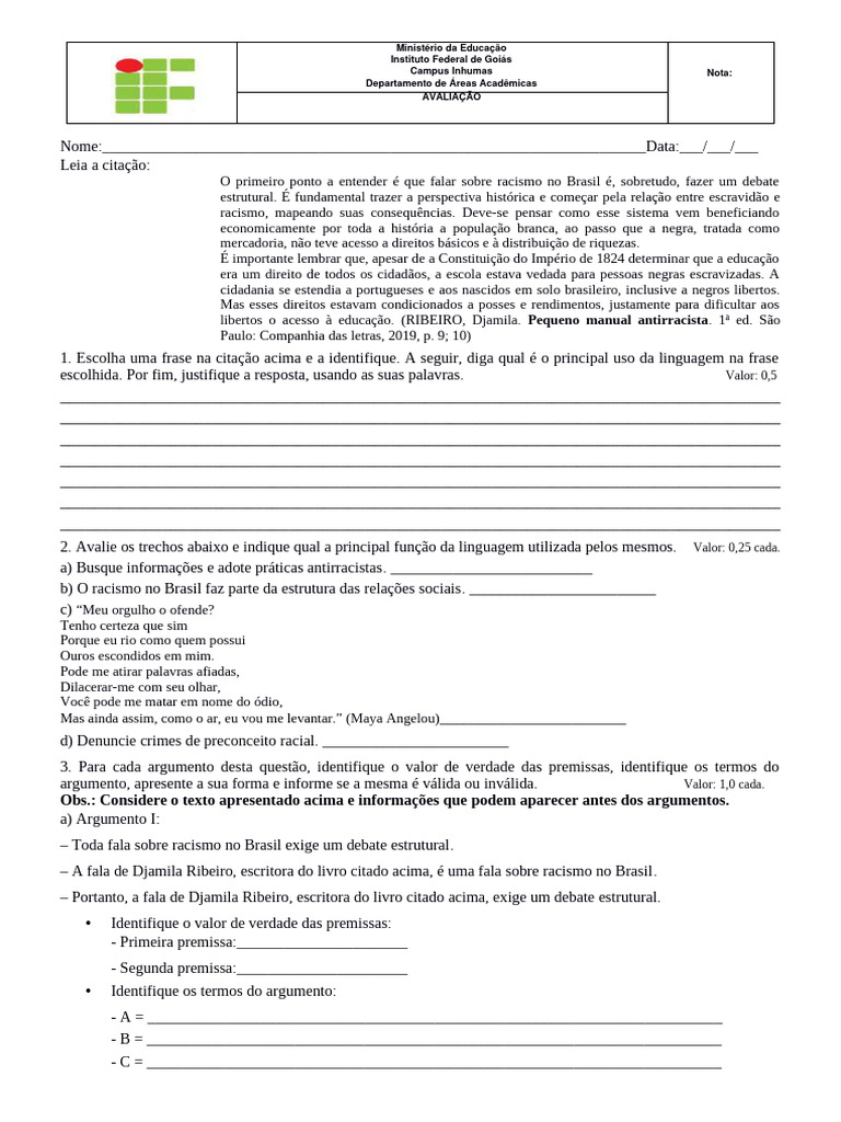 Prova - Usos Da Linguagem e Argumento Dedutivo - 2023 | PDF | Argumento | Racismo