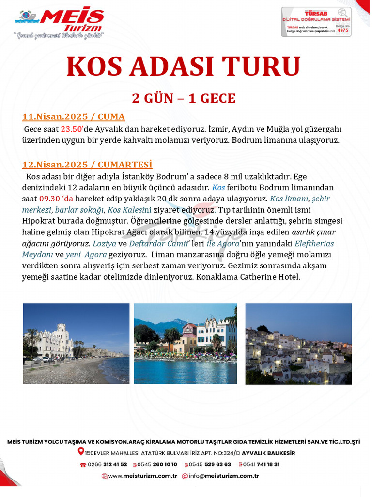 11 Ni̇san Kos Adasi Turu 1 Gece 2 Gün | PDF