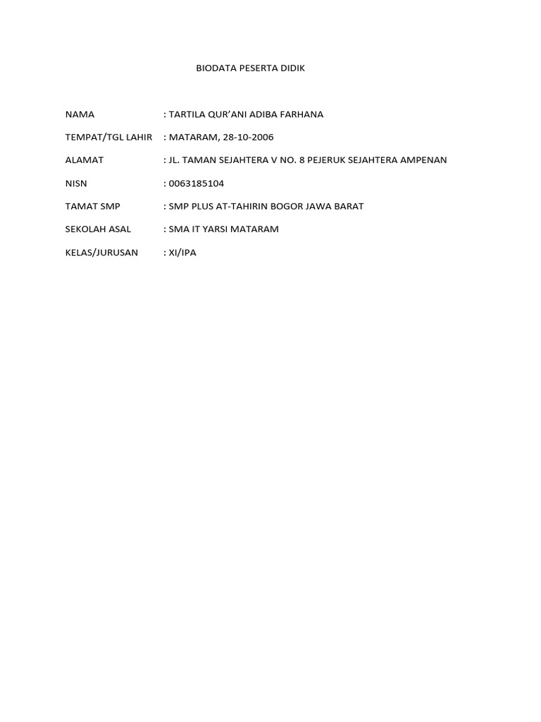 Biodata Peserta Didik Lala Ok | PDF
