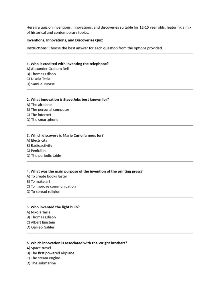 Inventions and Discoveries Quiz for Teens | PDF | Electricity | Thomas ...