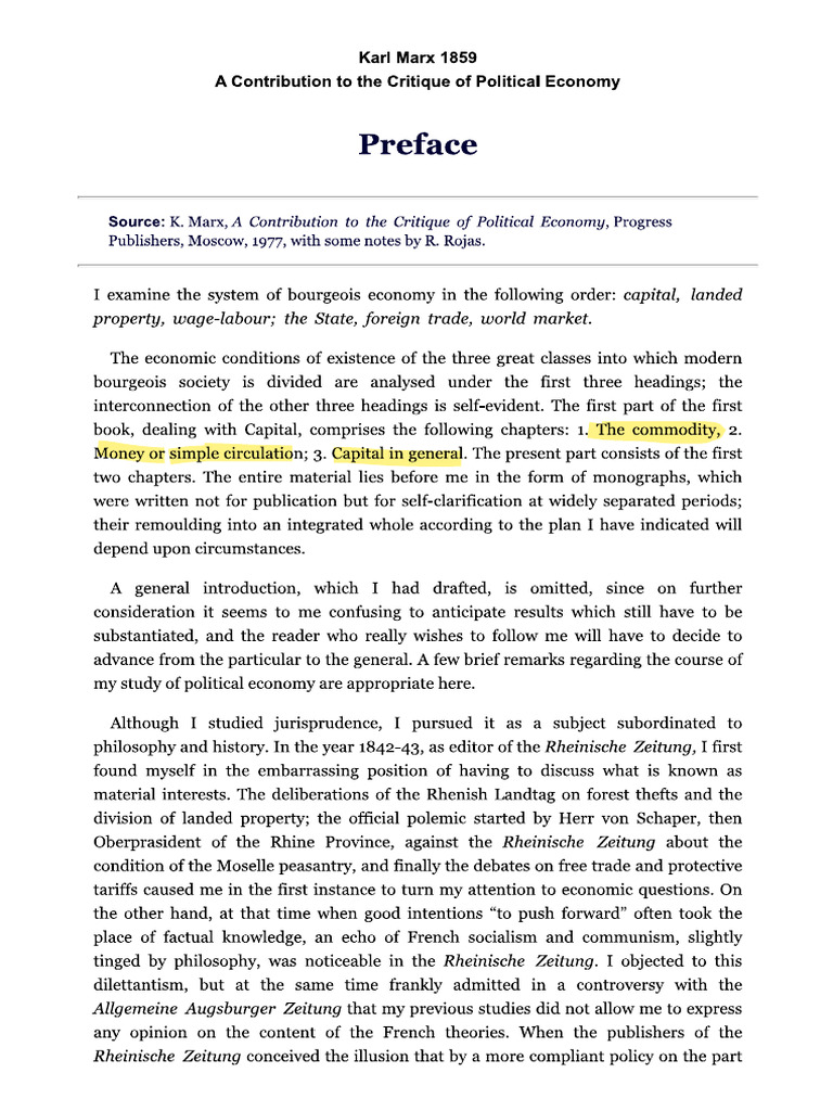 Karl Marx 1859 A Contribution To Political Economy | PDF
