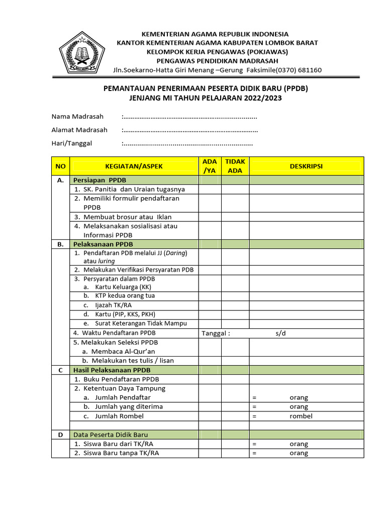 INSTRUMEN PPDB MI TH 2022 REVISI | PDF