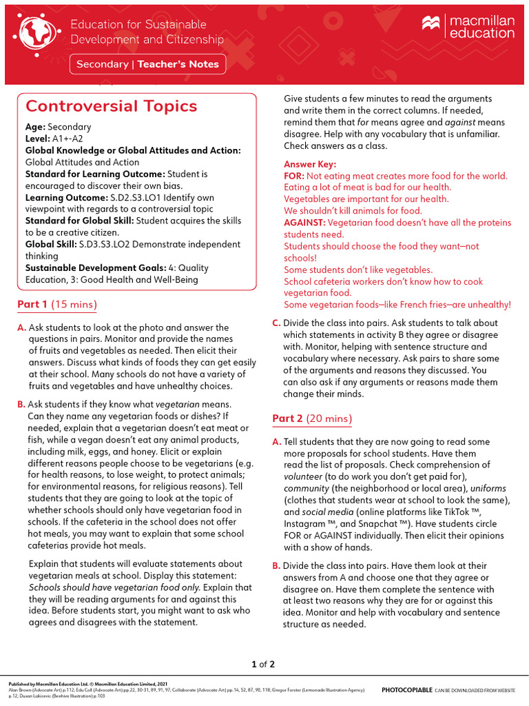 Controversial Topics Teacher_s notes | PDF | Vegetarianism | Learning
