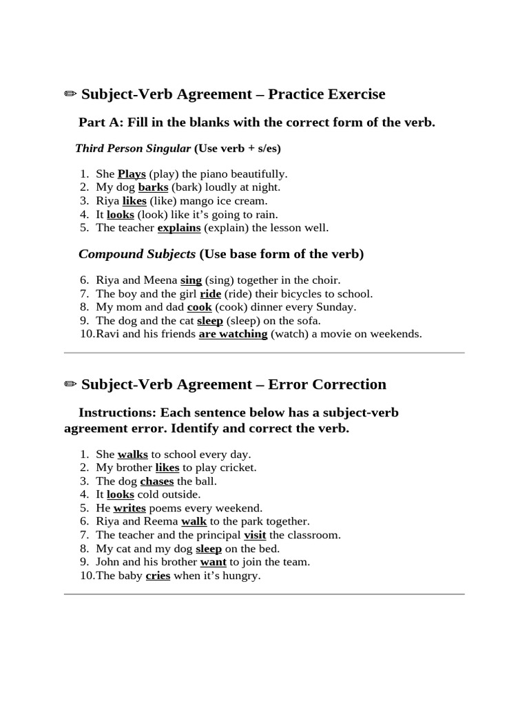 Subject-Verb Agreement - Practice Exercise | PDF