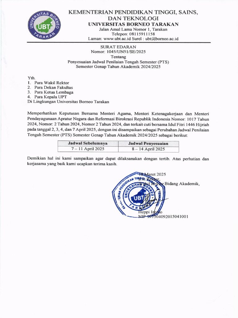 1045 Surat Edaran Penyesuaian Jadwal PTS Semester Genap Ta.2024-2025 | PDF