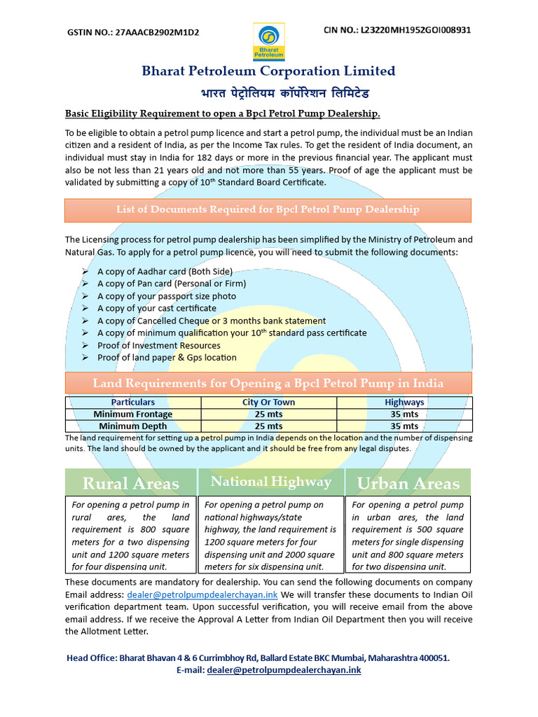 Basic Eligibility Requirement To Open A BPCL Petrol Pump Dealership. | PDF | Filling Station