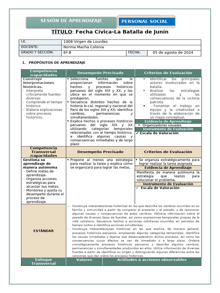 S.A PSOCIAL 6º-FECHA CIVICA La Batalla de Junin-05 de Agosto | PDF ...