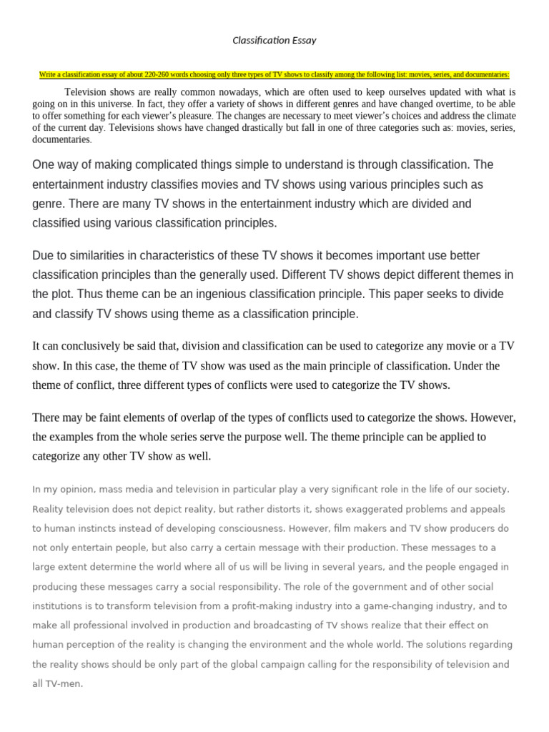 Write A Classification Essay | PDF | Essays | Entertainment