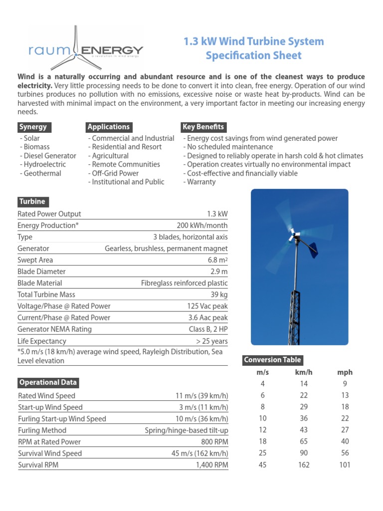 1.3kW Spec Sheet | PDF | Wind Power | Wind Turbine