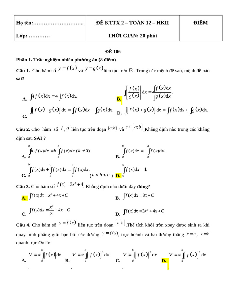 K12 ĐỀ KTTX2 NGUYÊN HÀM TP | PDF