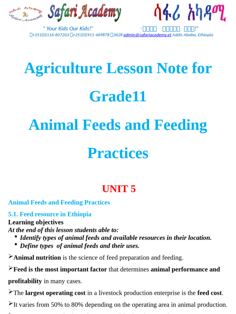 Agriculture Lesson Note For Grade 11..unit 5 | PDF | Animal Feed | Flour