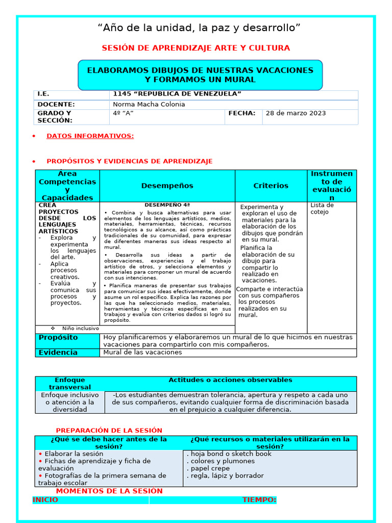 4° S.A ARTE - Mural de Vacaciones - 28de Marzo | PDF | Aprendizaje ...