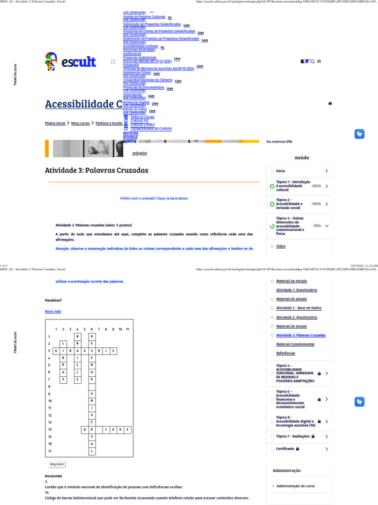 MINC - AC - Atividade 3 - Palavras Cruzadas - Escult | PDF | Acessibilidade