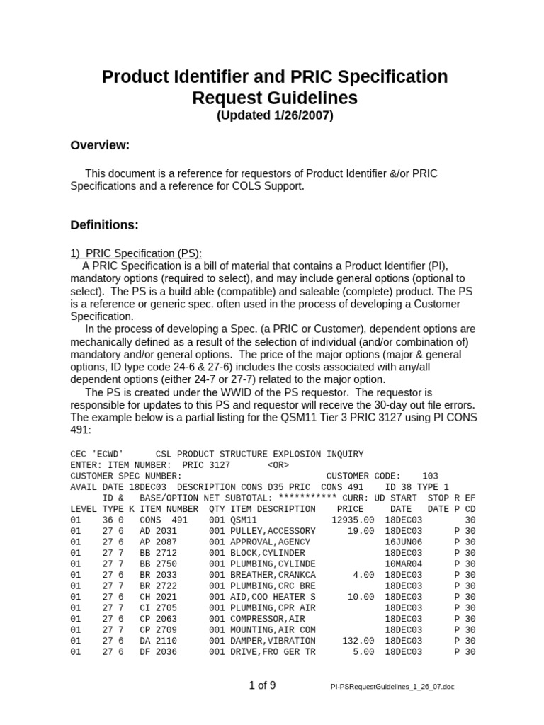 PRIC Specification Request Guidelines | PDF | Engines | Specification ...