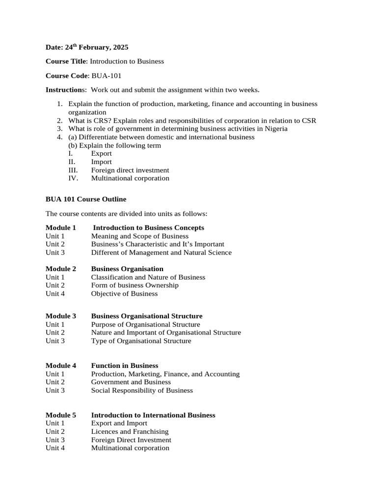 BUA 101 Course Outline | PDF
