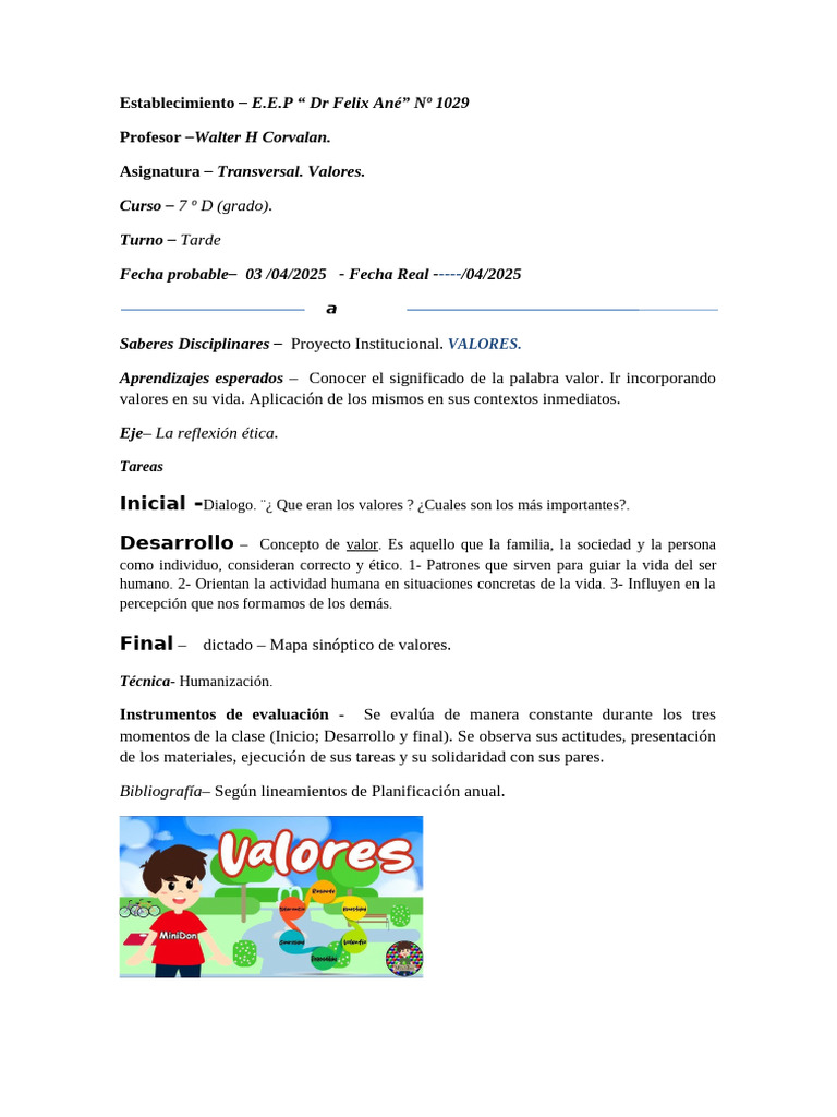 Planficación 1029 Proyecto Valores 1 | PDF