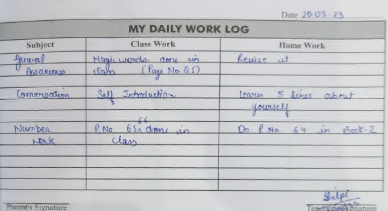 Daily Work Log for LKG3 Students | PDF