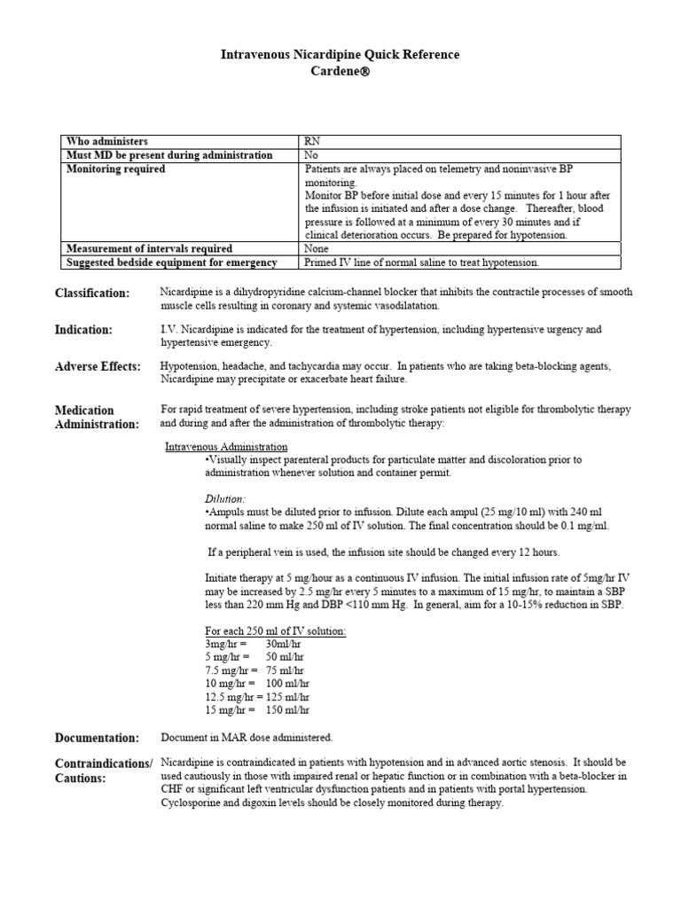 Nicardipine Quick Reference (1) | PDF | Intravenous Therapy | Hypertension