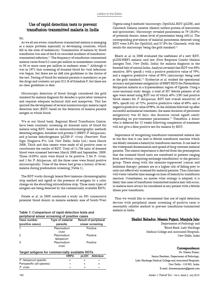 Use of Rapid Detection Tests To Prevent Transfusion-Transmitted Malaria ...
