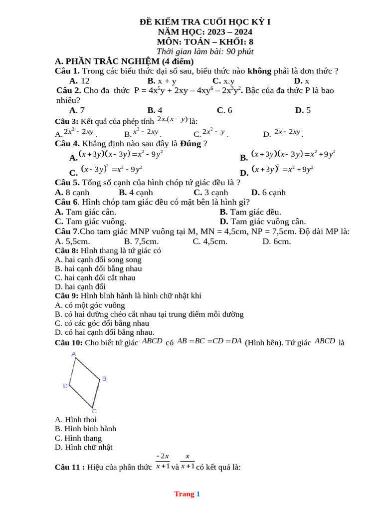 De KT Cuoi HK1 Toan 8 Nam 23 24 | PDF