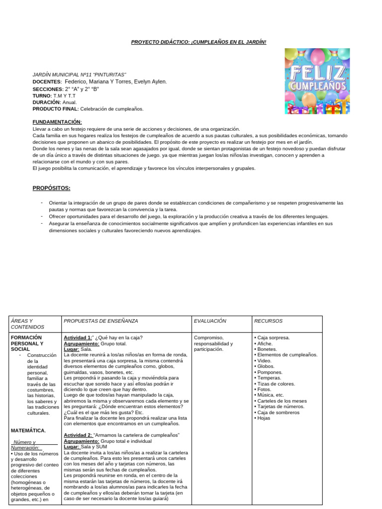 Proyecto de Cumpleaños en el Jardín | PDF | Enseñando | Cumpleaños