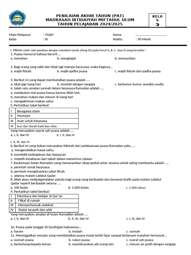 Soal Pat Fiqih Kelas 3 | PDF