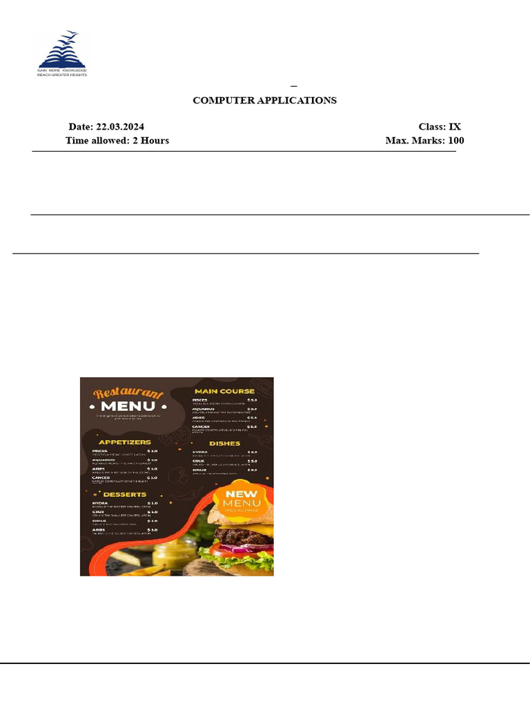 Grade 9 Computer Application Final Exam Question Paper 2023-24 | PDF | Control Flow | Java ...