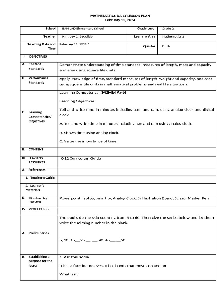 Grade 2 Math Lesson Plan on Time | PDF | Learning | Clock