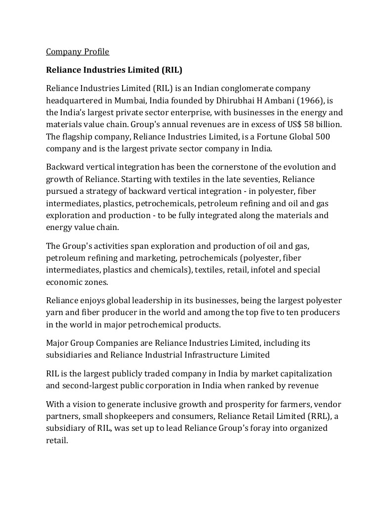 Company Profile (RIL) | PDF | Retail | Industries
